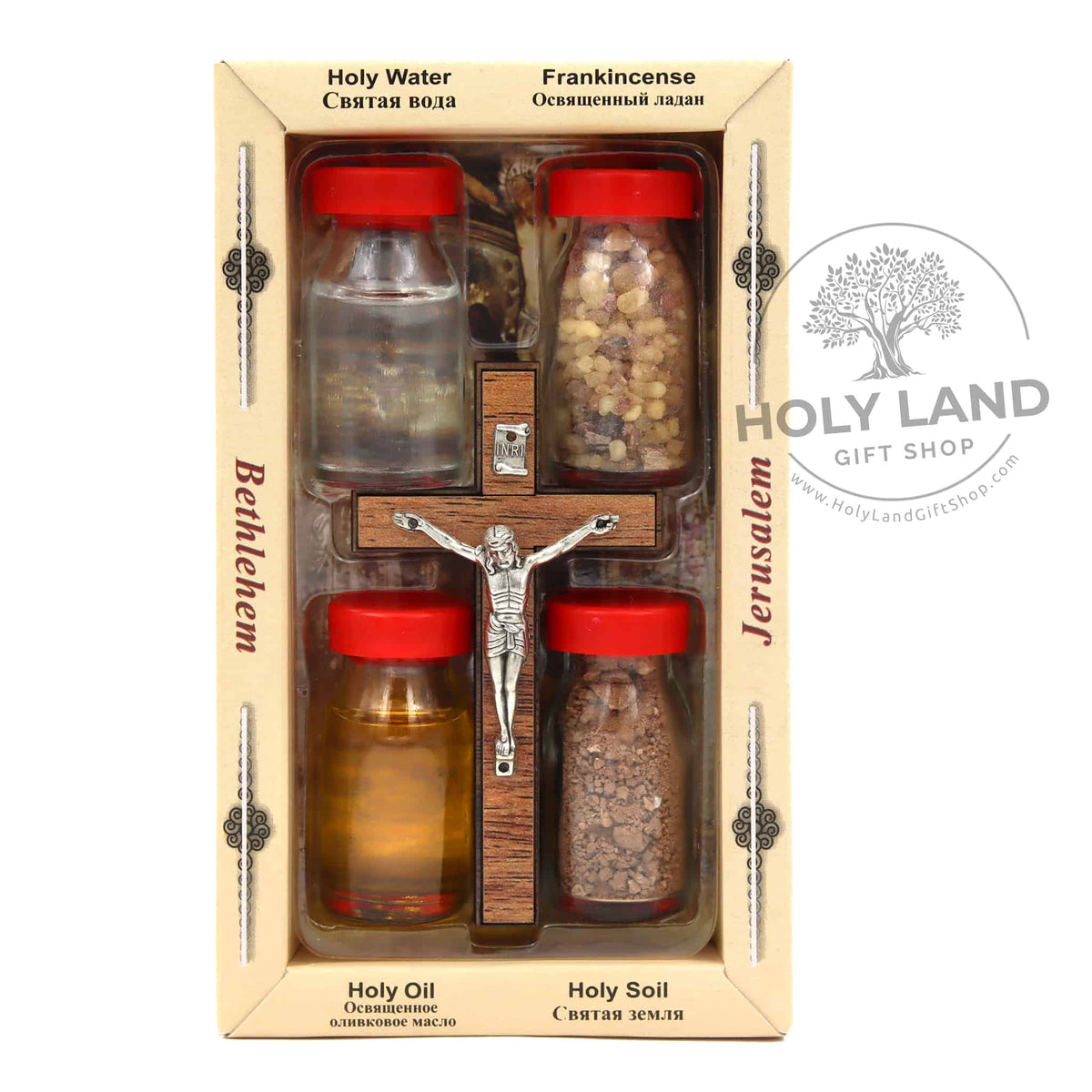 Carved Olive Wood Crucifix with Holy Elements - Holy Land Gift Shop