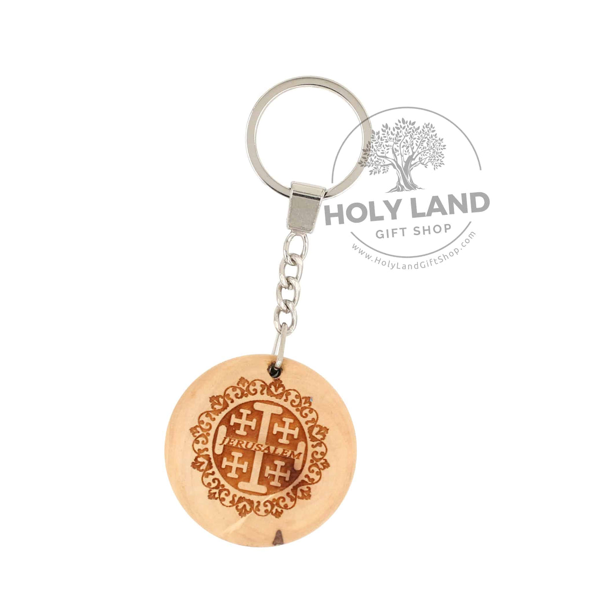 Jerusalem Cross Round Key Chain in Olive Wood - Holy Land Gift Shop ...