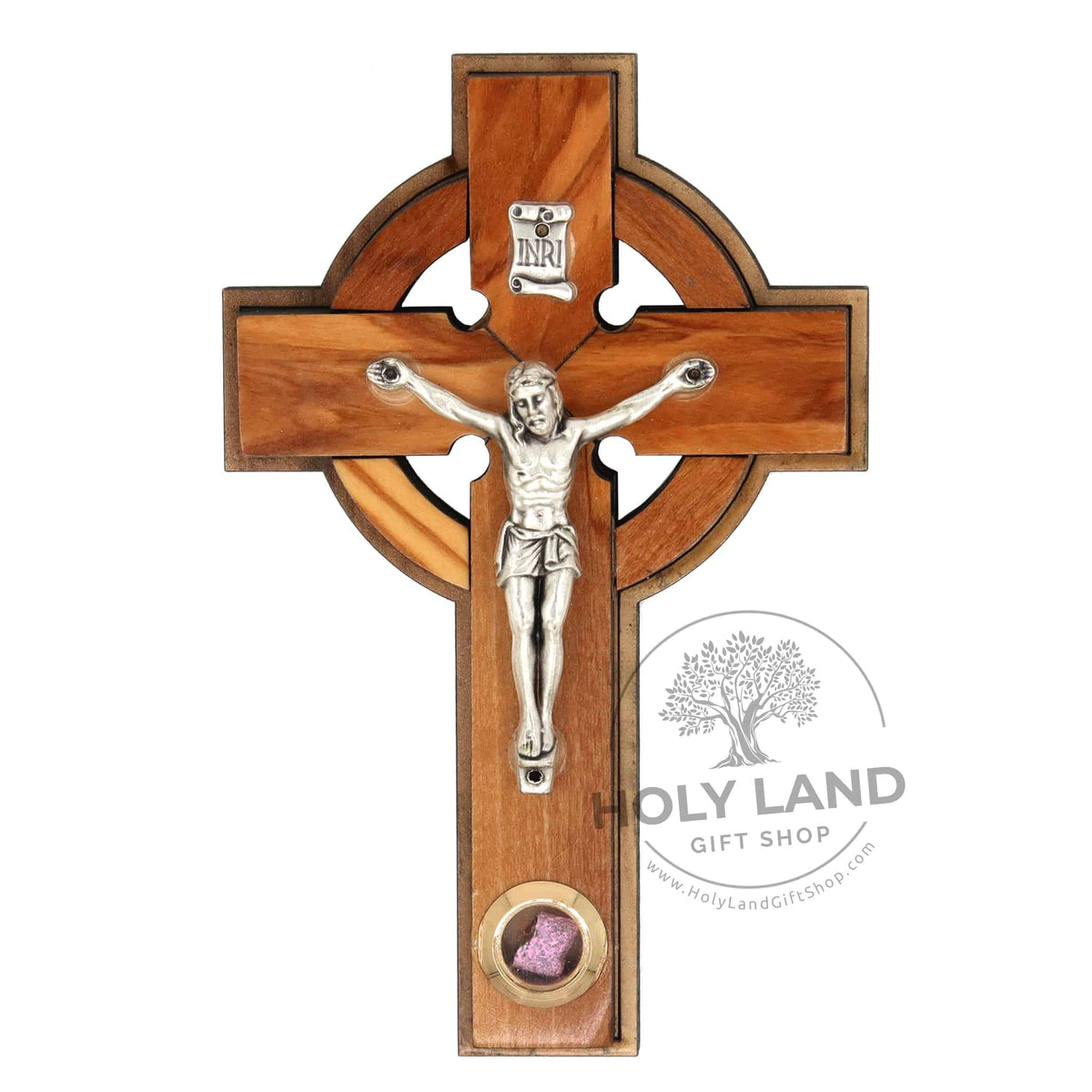 St Benedict Olive Wood Cross with Holy Element - Holy Land Gift Shop