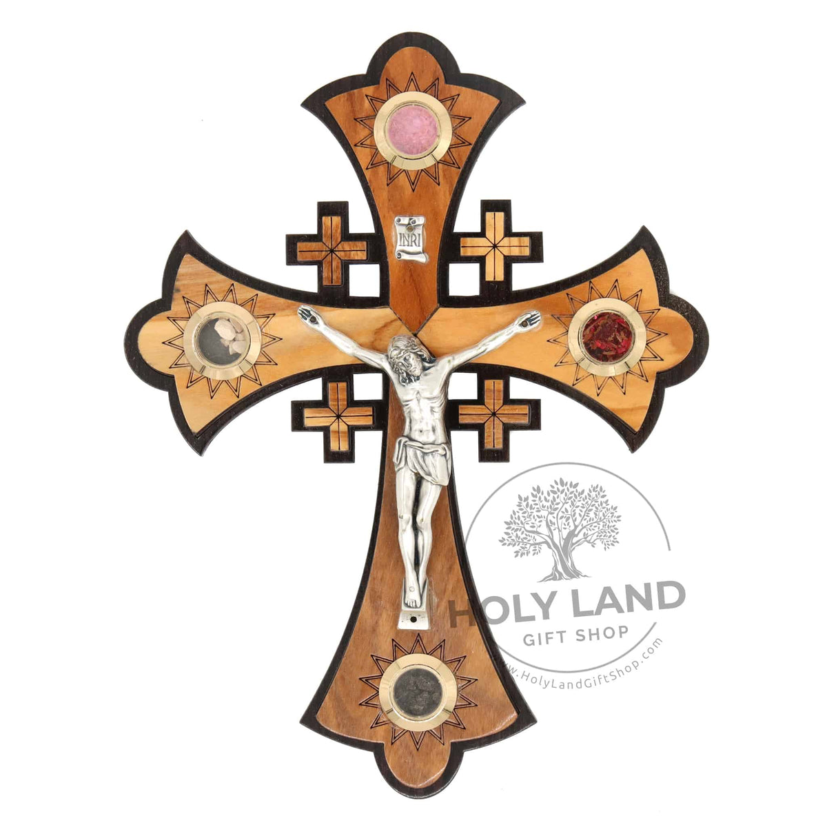 Olive Wood Crucifix Highlighting Holy Elements - Holy Land Gift Shop