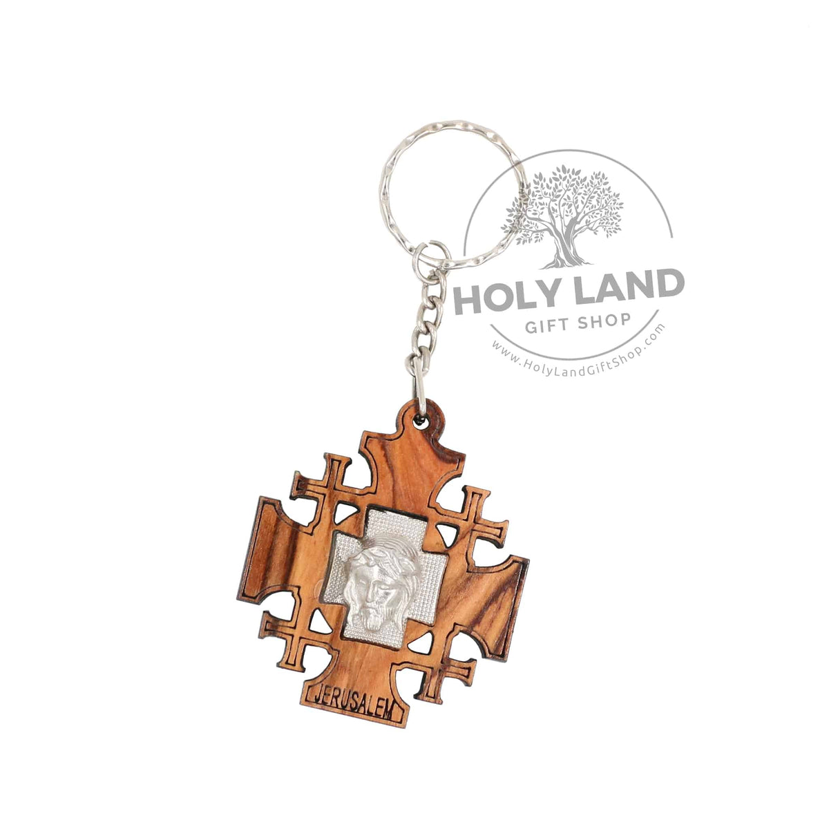 Olive Wood Jerusalem Cross Metal Jesus Key Chain - Holy Land Gift Shop