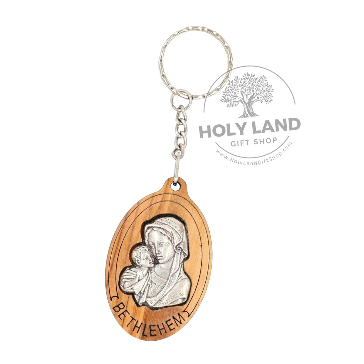 Virgin Mary and Baby Jesus Key Chain Olive Wood - Holy Land Gift Shop
