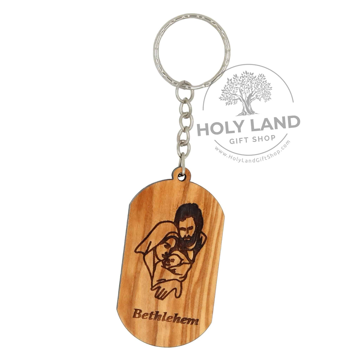 Holy Family Embrace keychain in Olive Wood - Holy Land Gift Shop